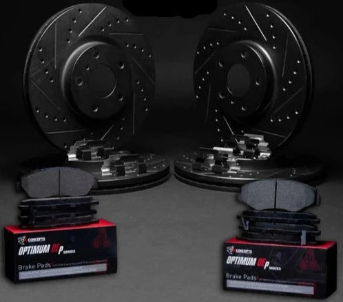 R1 eLINE Black Drilled & Slotted Rotors with OPTIMUM OEp Pads and Hard